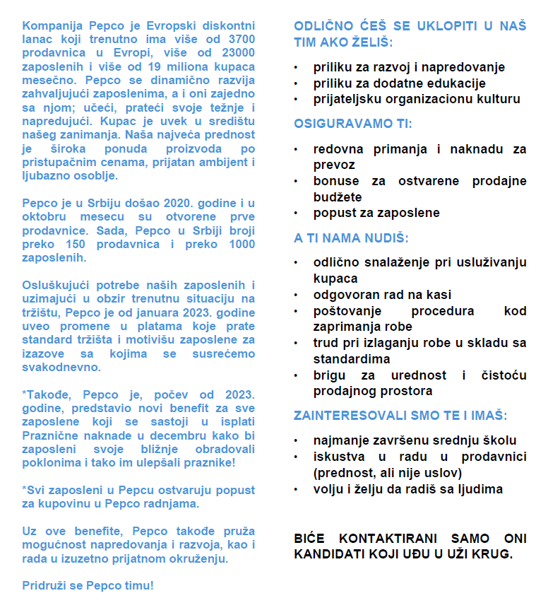 Kasir - prodavac - PEPCO Serbia